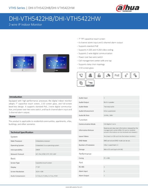 DAHUA VTH5422HW 2-wire IP Indoor Monitor | 7" TFT Capacitive Touch ...