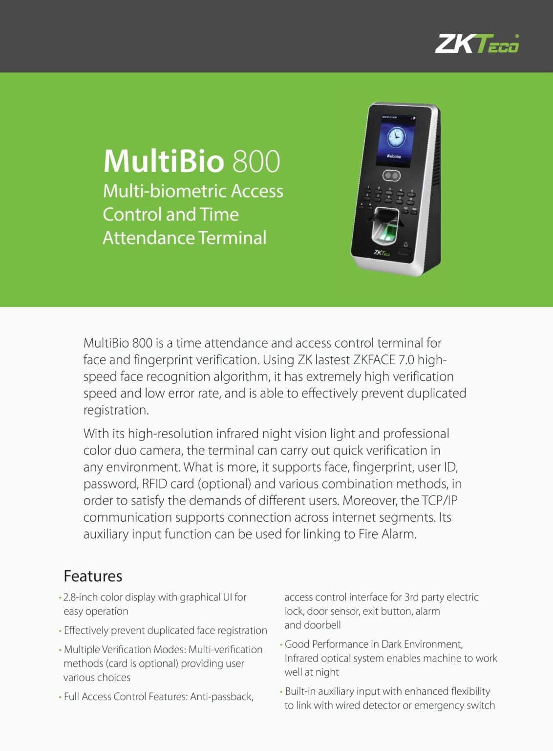 ZKTECO Multi-Biometric Fingerprint and Face Recognition Time Attendance & Door Access Control ...