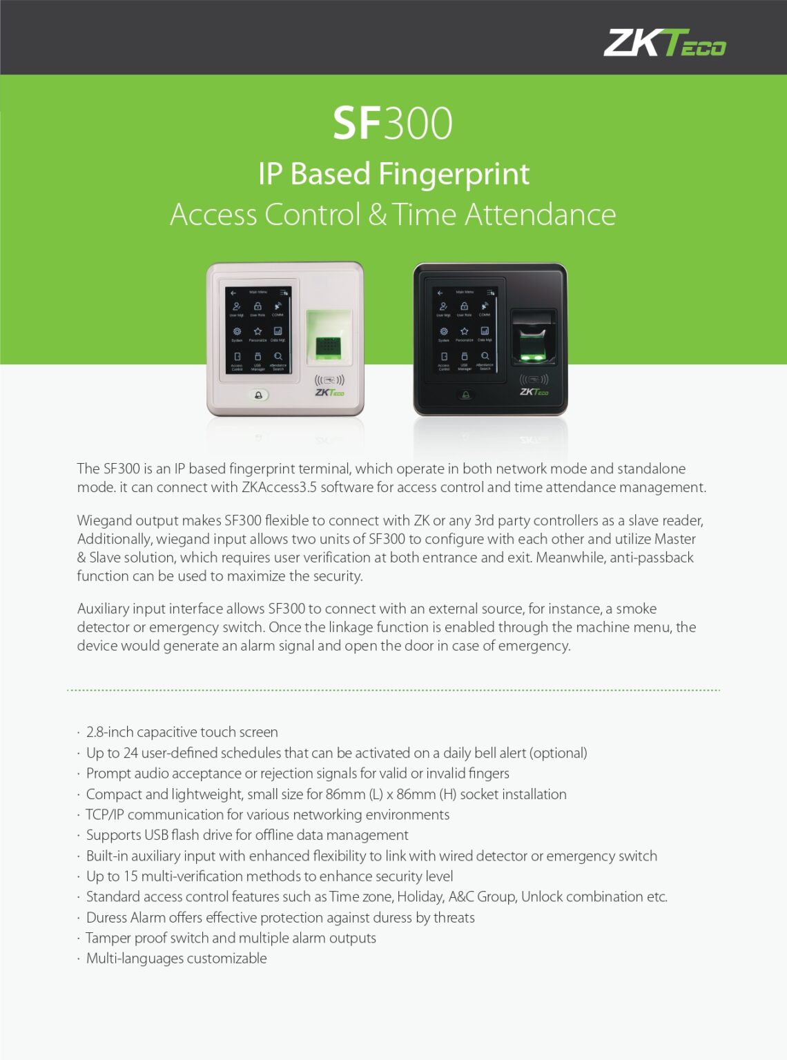 ZKTeco SF300-ID Fingerprint Door Access Reader with Time Attendance - Security System Asia