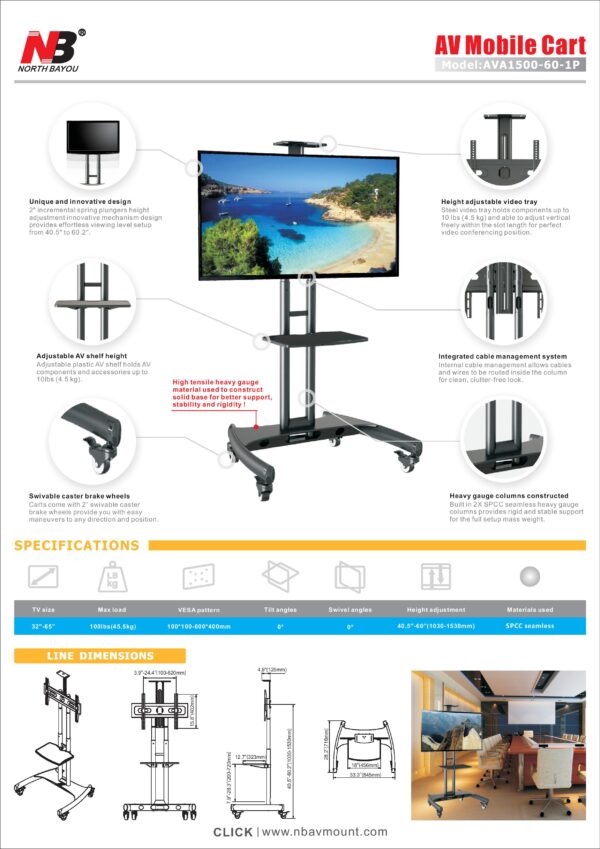 NB AVA1500-60-1P Interactive Mobile TV Cart for 32" to 65" Flat Panel ...