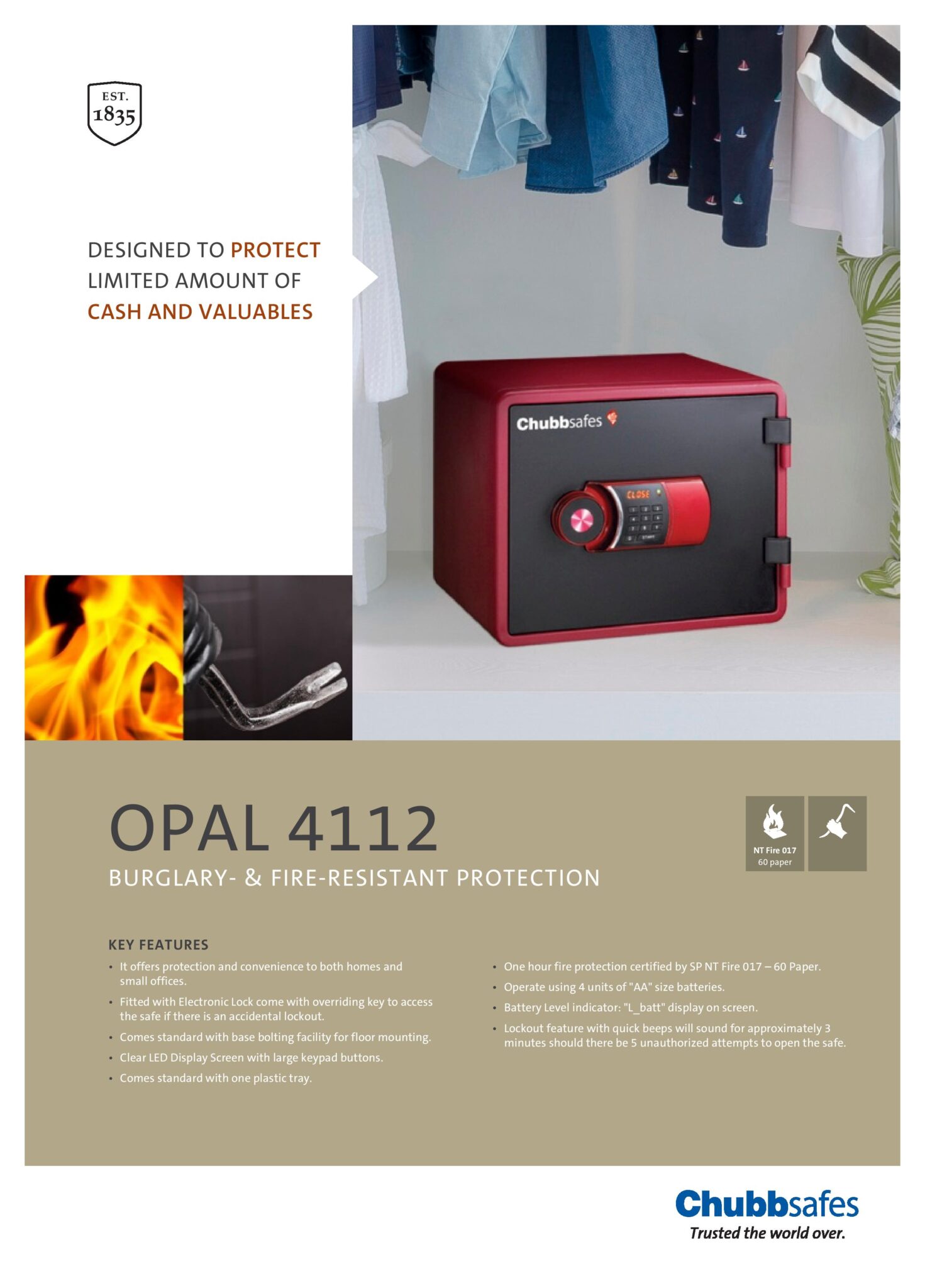 CHUBB Opal Safe 4112 E35 Secured by Electronic Lock c/w Overriding Key ...