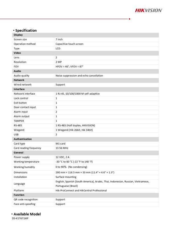 HIKVISION DS-K1T671MF Pro Face Access Terminal - Security System Asia