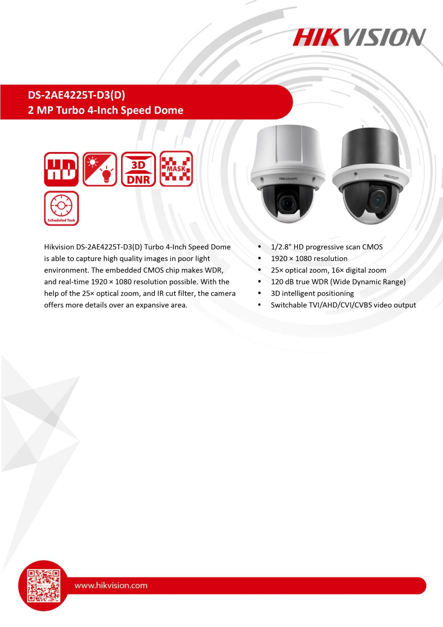 HIKVISION DS-2AE4225T-D3(D) 4-inch 2 MP 25X Powered by DarkFighter Analog Speed Dome - Security ...