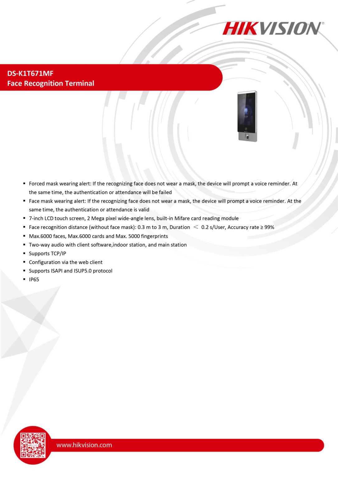 HIKVISION DS-K1T671MF Pro Face Access Terminal - Security System Asia