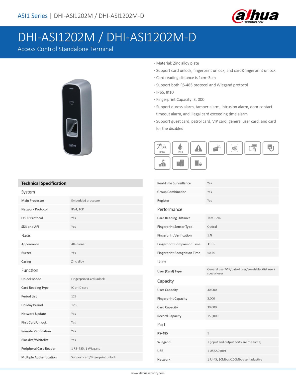 DAHUA ASI1202M Waterproof Fingerprint Standalone Mifare Card Access ...