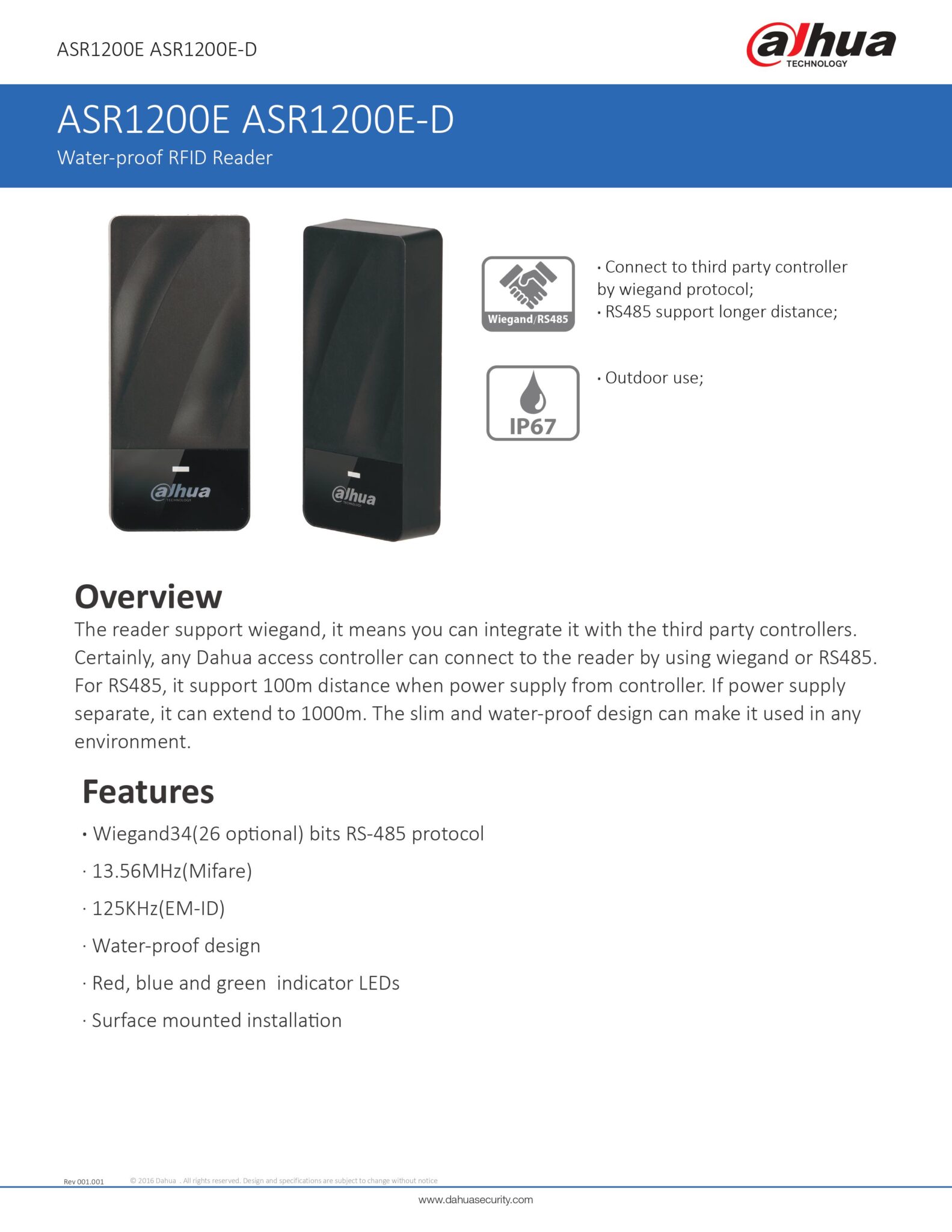 DAHUA ASR1200E Slim Waterproof Mifare Card Reader - Security System Asia