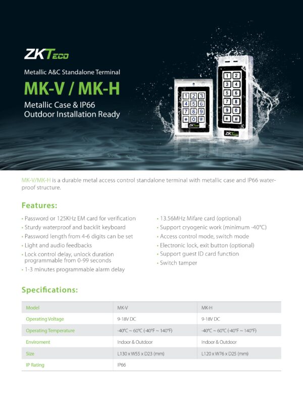 ZKTECO MK-V Metal Case & Weatherproof Keypad Mifare Card Reader Access ...