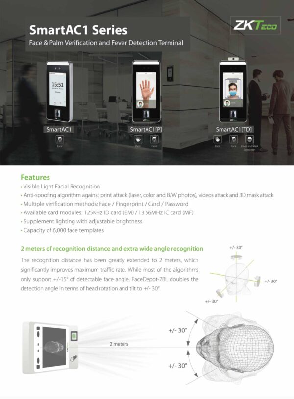 ZKTECO SmartAC1/P 3K Palm Support ID Card Door Access Hybrid Biometric A/C & Time Attendance ...